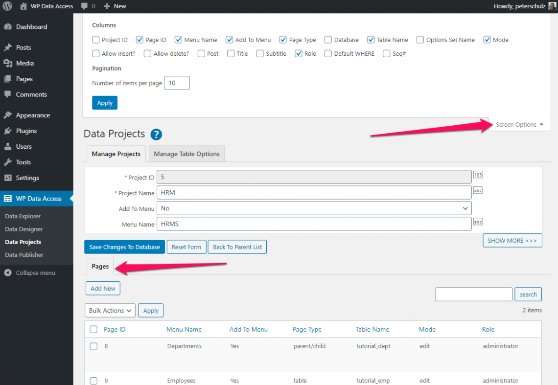 Screen Options for Child Tables | WP Data Access