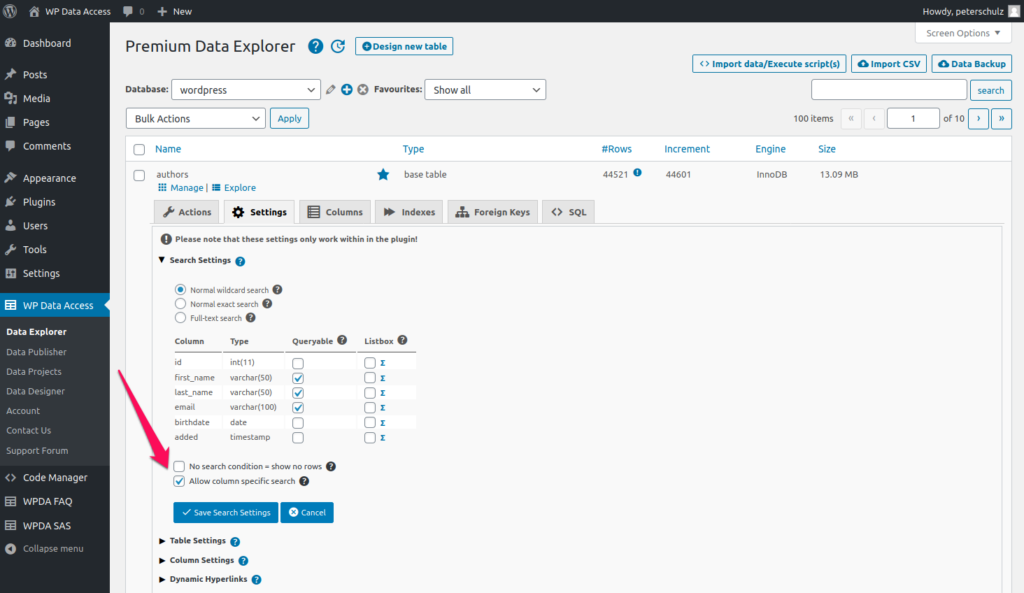 Wp Data Access Data Explorer Search Settings Allow Individual Column Search Click To