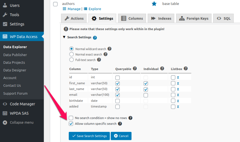 individual-column-search-selection | WP Data Access