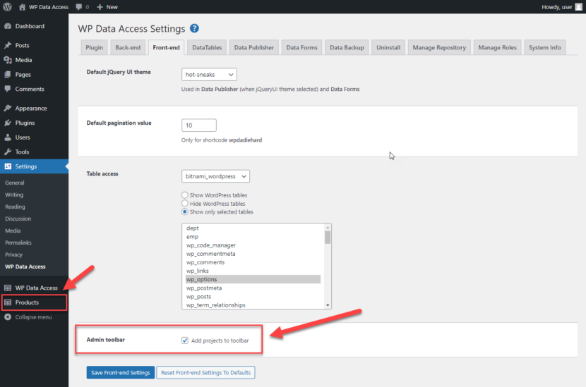 Wp Data Access Data Project Front End Toolbar Settings Click To Enlarge Wp Data Access