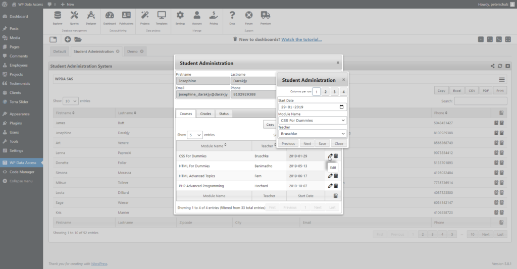 WP Data Access – Dashboards – Student Administration System (Click to Enlarge) | WP Data Access