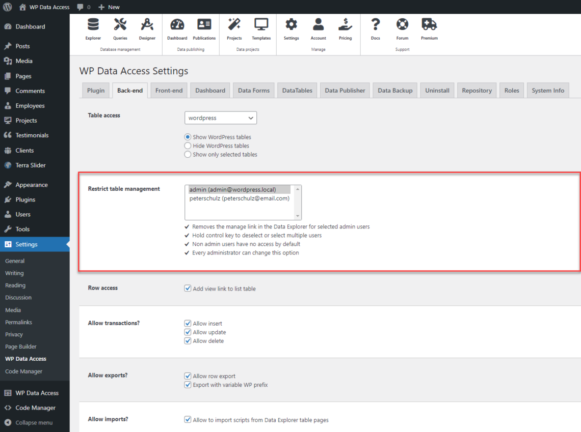 Hide Data Explorer Manage link | WP Data Access
