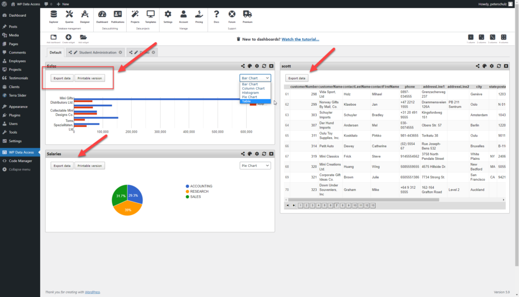 WP Data Access – Chart Widget Export (click to enlarge) | WP Data Access