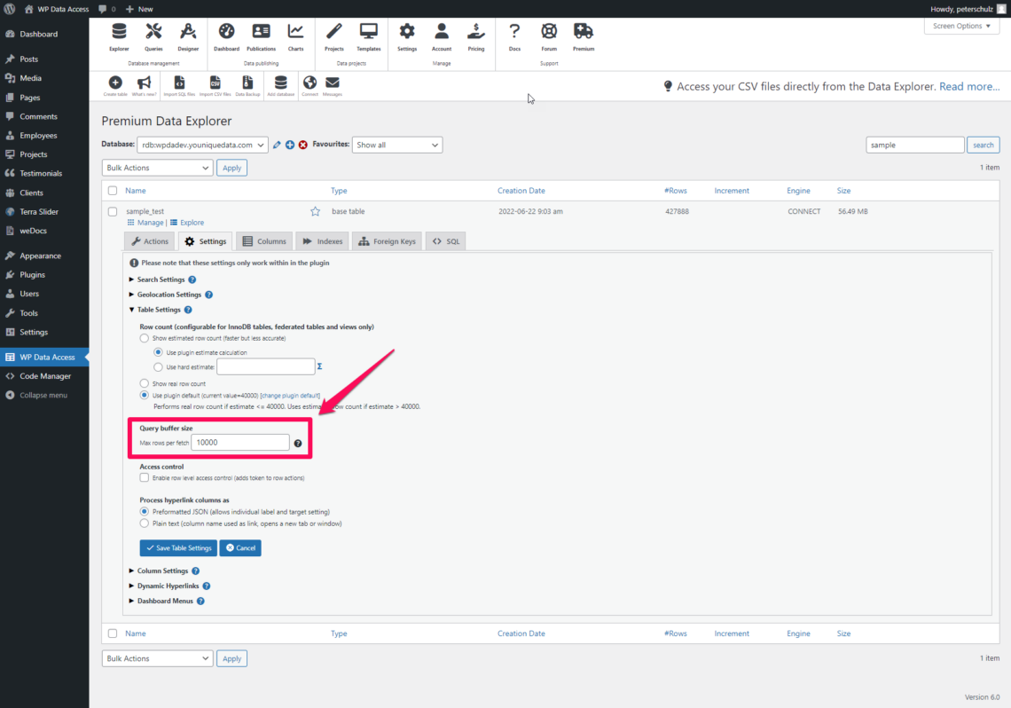 WP Data Access – Query buffer size (click to enlarge) | WP Data Access