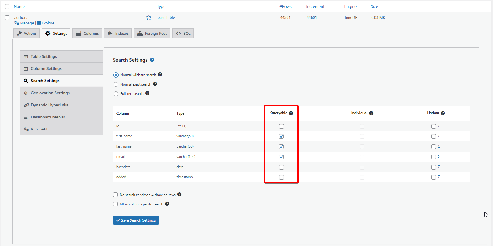 Search Settings | WP Data Access