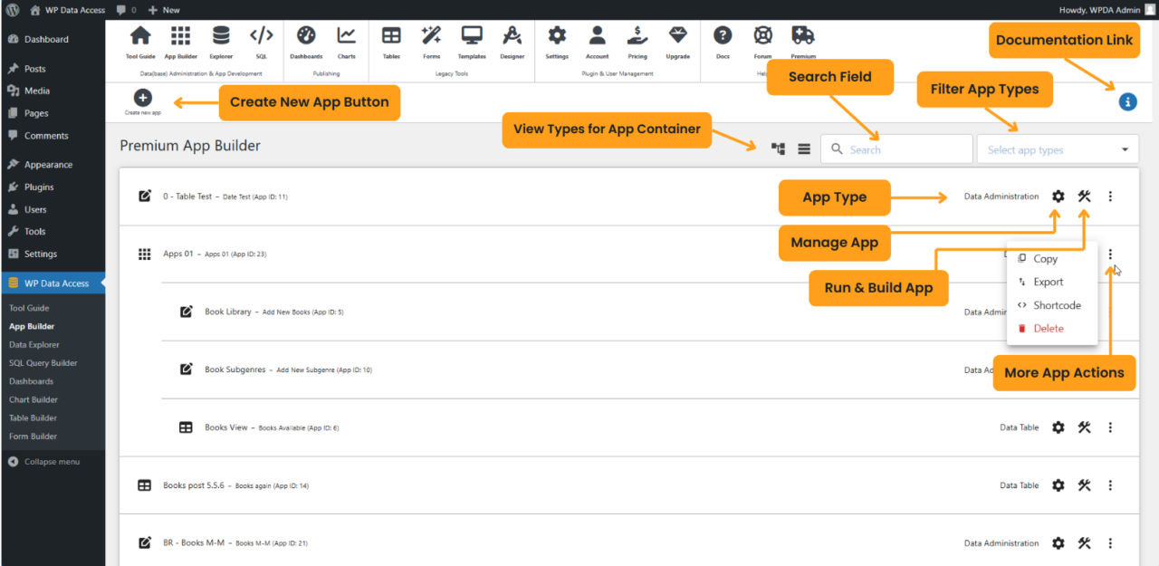 App Builder Dashboard Wp Data Access